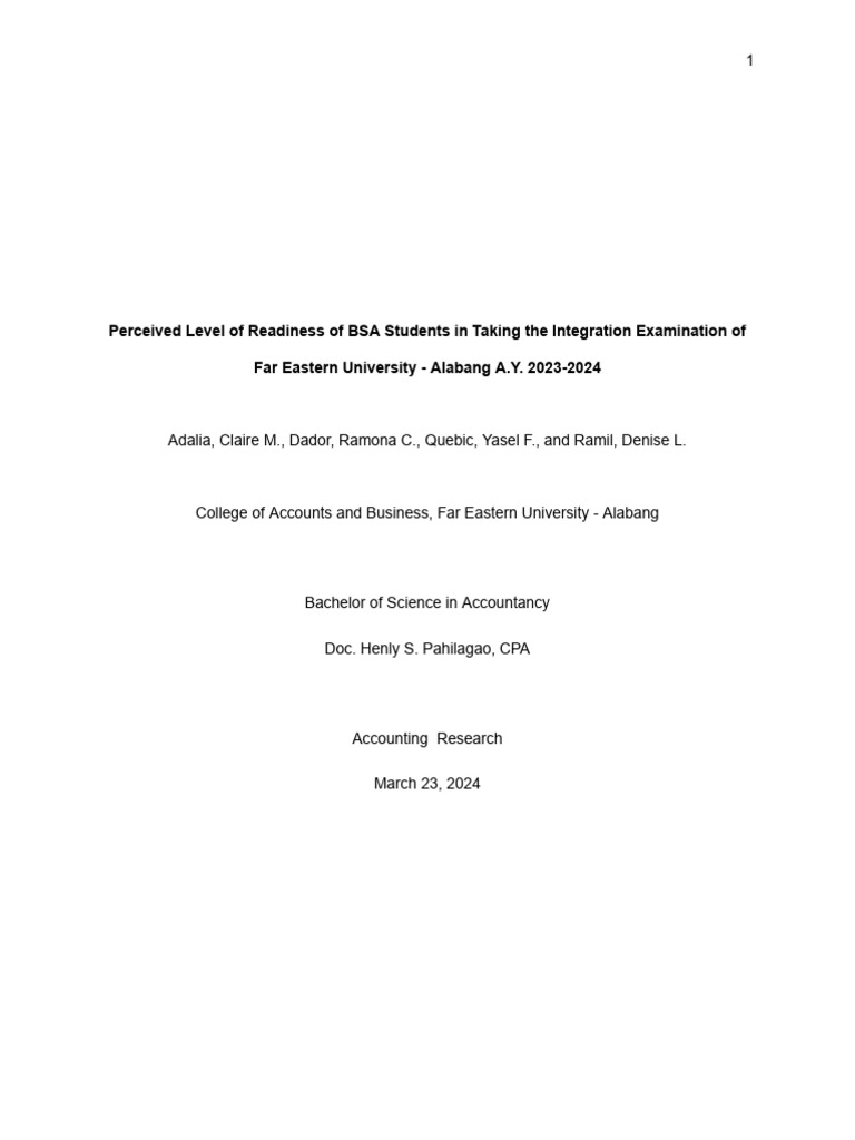 (GROUP 1) Perceived Level of Readiness of BSA Students in Taking The ...