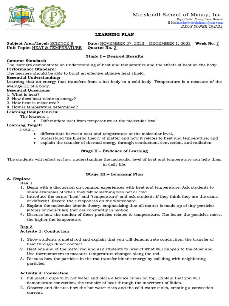 Science 8 Learning Plan: Heat & Temperature | PDF | Heat | Temperature