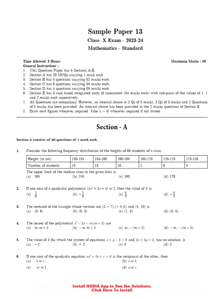 MA Sample Paper 13 Unsolved | PDF | Area | Circle