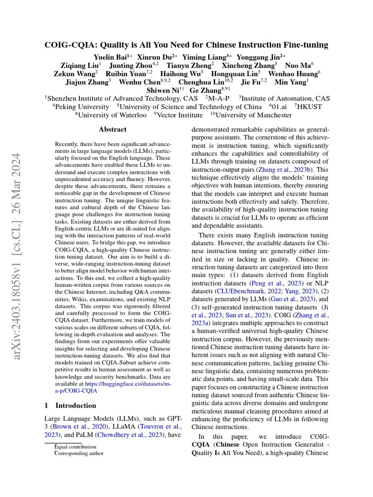 COIG-CQIA: Quality Is All You Need For Chinese Instruction Fine-Tuning ...