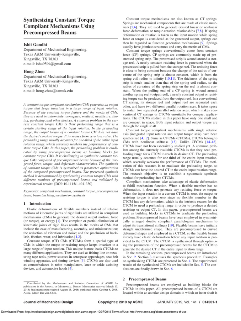 Synthesizing Constant Torque Compliant Mechanisms Using Precompressed Beams | PDF | Beam ...