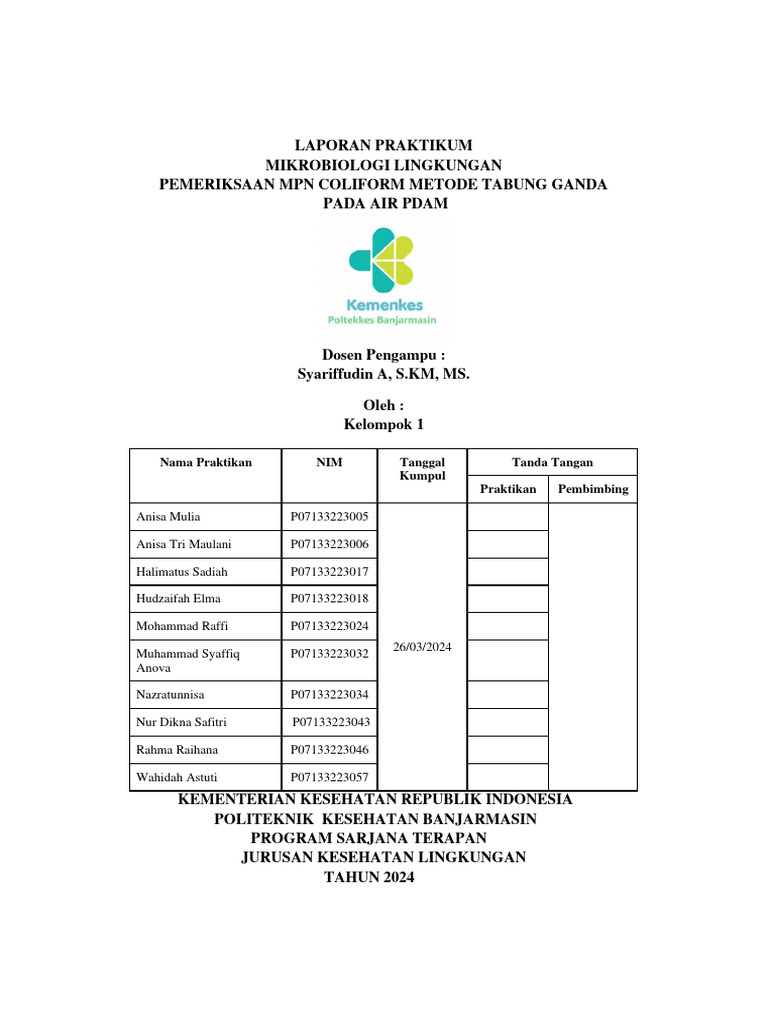 Kel 1 Pemeriksaan MPN Coliform Metode Tabung Ganda Pada Air Pdam Laporan Praktikum | PDF
