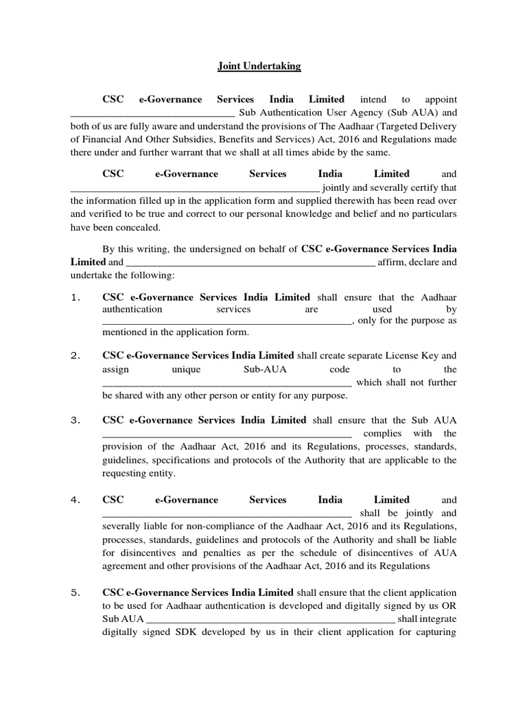 Sub-AUA - Joint Undertaking | PDF | Authentication | Audit