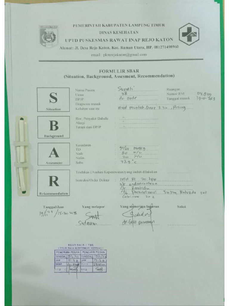SBAR Yang Tercatat DLM Formular SBAR | PDF