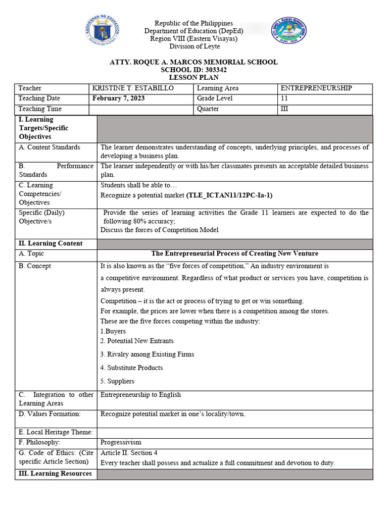 Lesson 3 Module 1 (5 Forces of Competition) | PDF | Learning | Teachers
