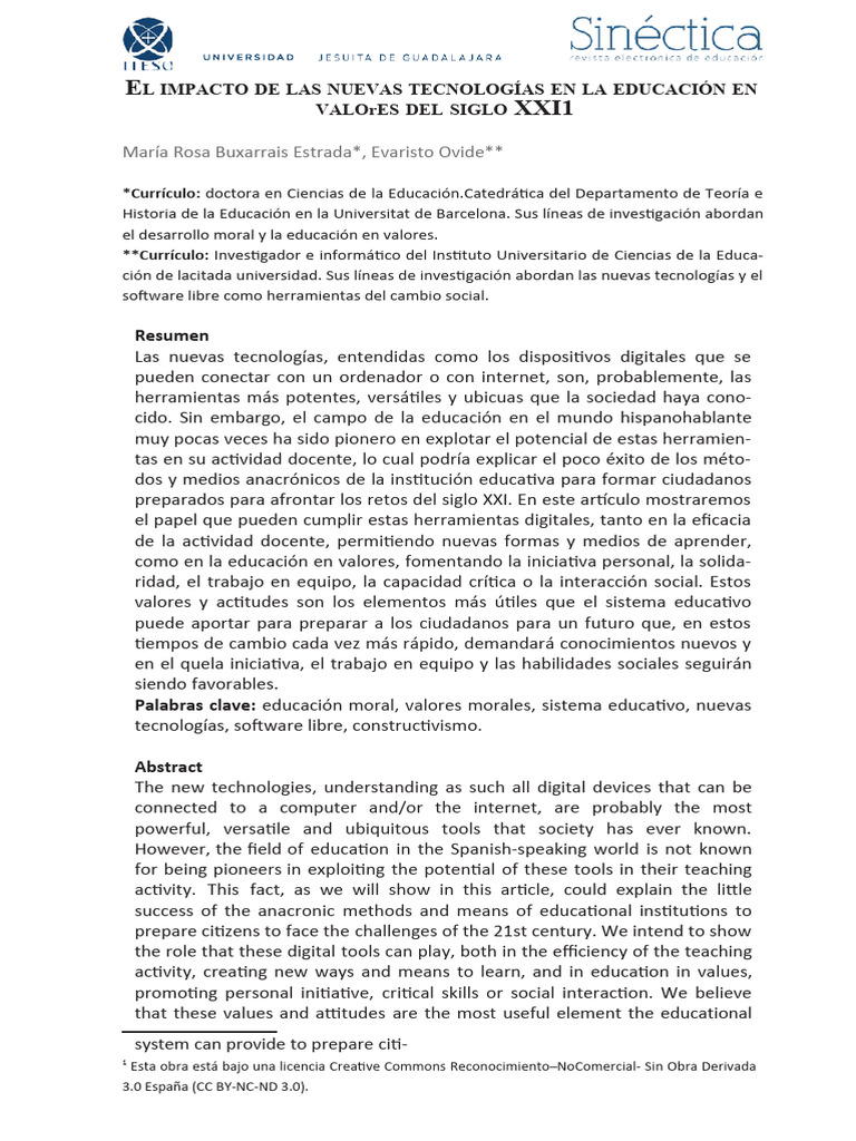 V- EL IMPACTO DE LAS NUEVAS TECNOLOGIAS EN LA EDUCACION EN VALORES DEL SIGLO XXI | PDF ...