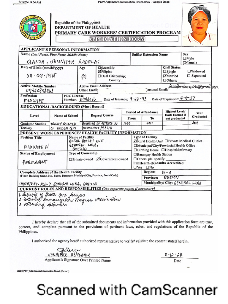 Clanza, Jennifer - Application Form | PDF