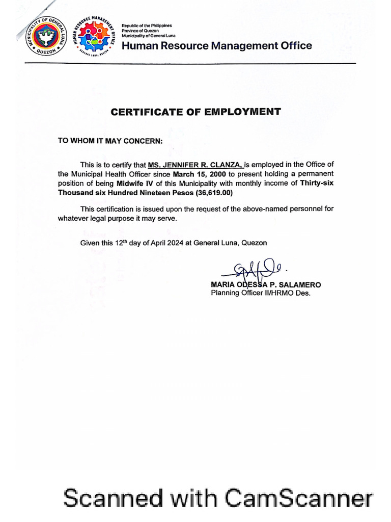 Clanza, Jennifer - Proof of Employment | PDF