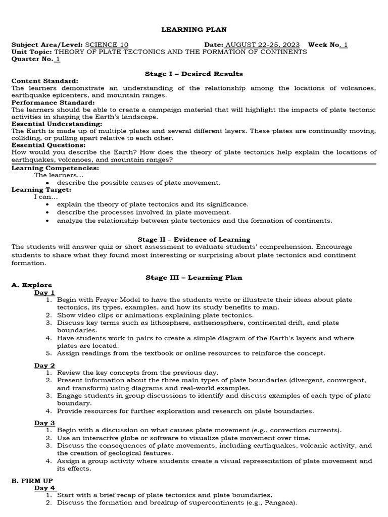 Plate Tectonics Learning Plan for Science 10 | PDF | Plate Tectonics ...