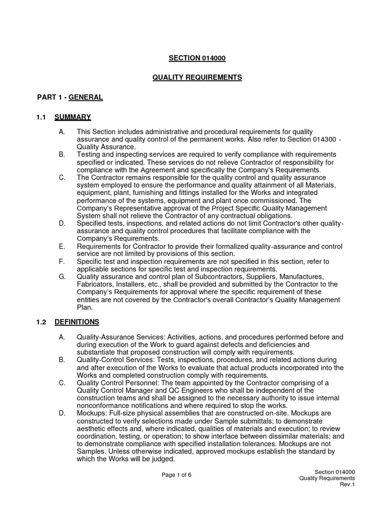 Section 014000 Quality Requirements - Rev1 | Download Free PDF | Quality Assurance ...