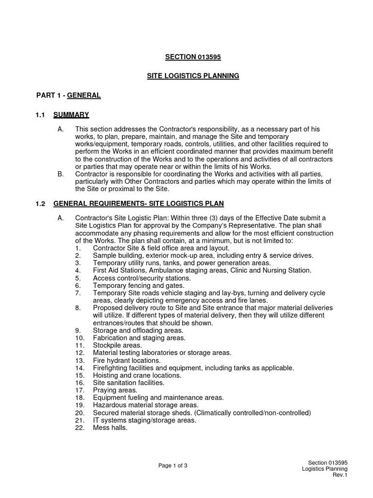 Section 013595 Logistics Planning - Rev1 | PDF | Logistics | Traffic