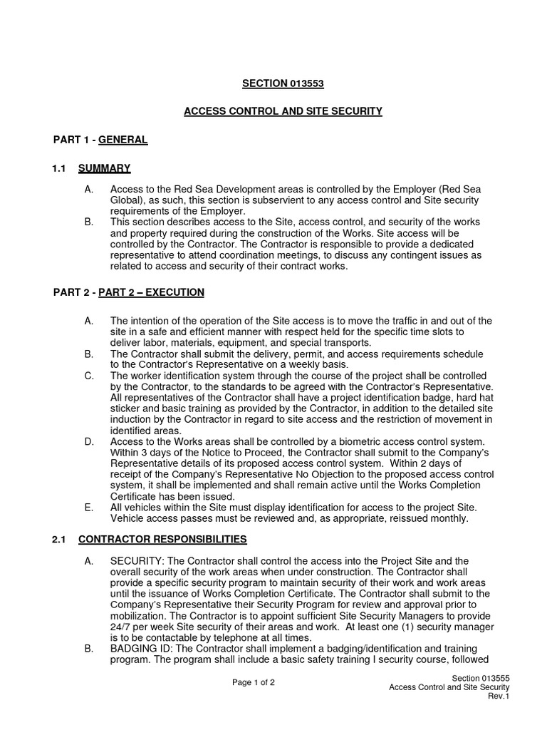 Section 013555 Access Control and Site Security - Rev1 | PDF | Identity ...