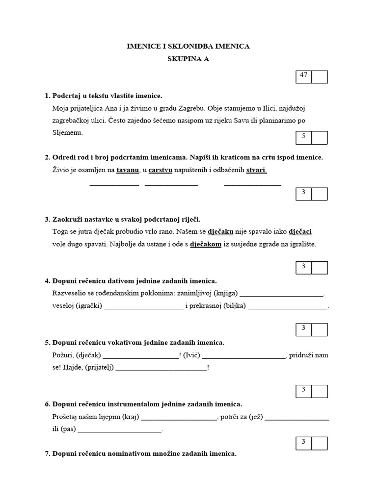 Pisana Provjera Iz Jezika - IMENICE I SKLONIDBA, A, B, C Grupa, Rješenja, Prijedlog Vrednovanja ...