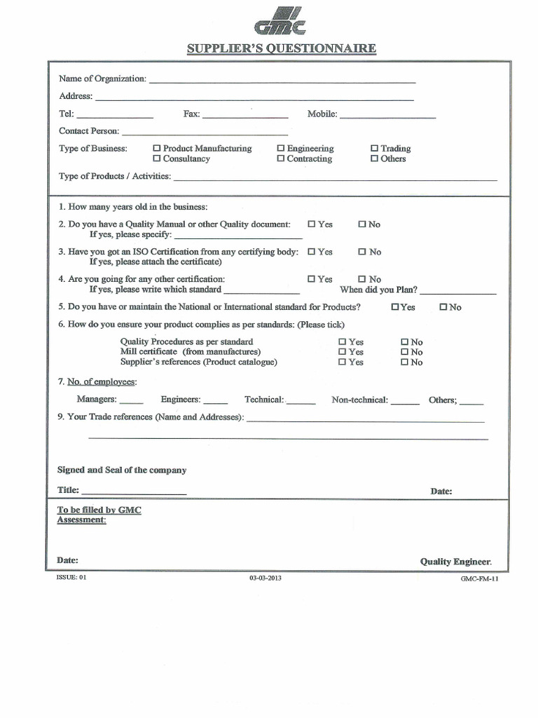 Supplier Questionaire Sample | PDF