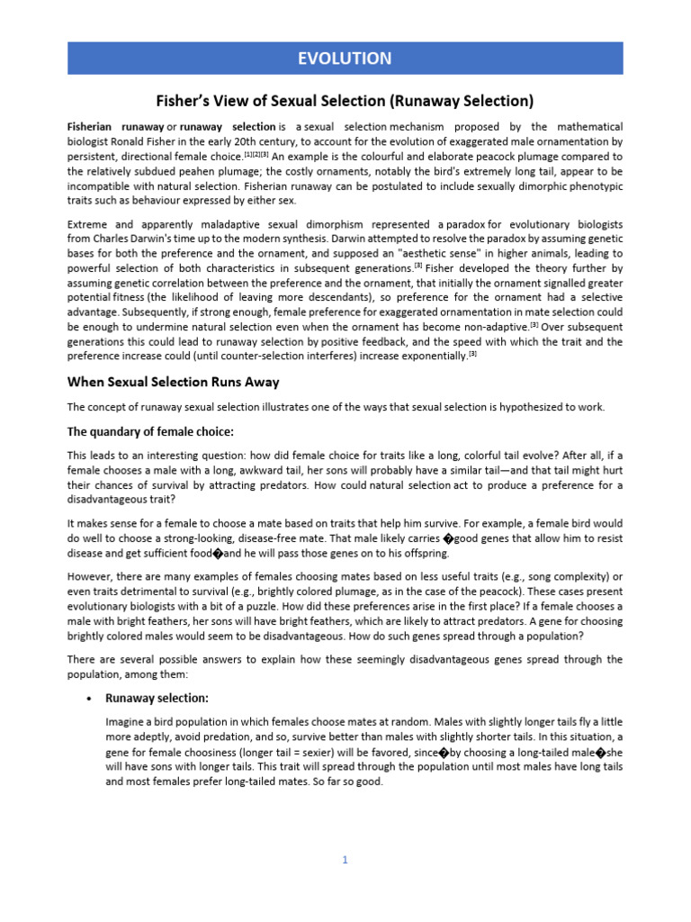 Fisher's Runaway Sexual Selection Explained | PDF | Sexual Reproduction ...