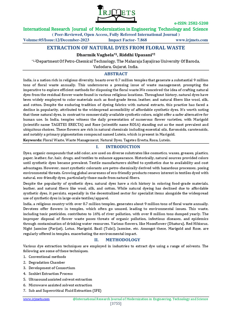 Published Extraction of Natural Dyes From Floral Waste | PDF | Dyeing ...