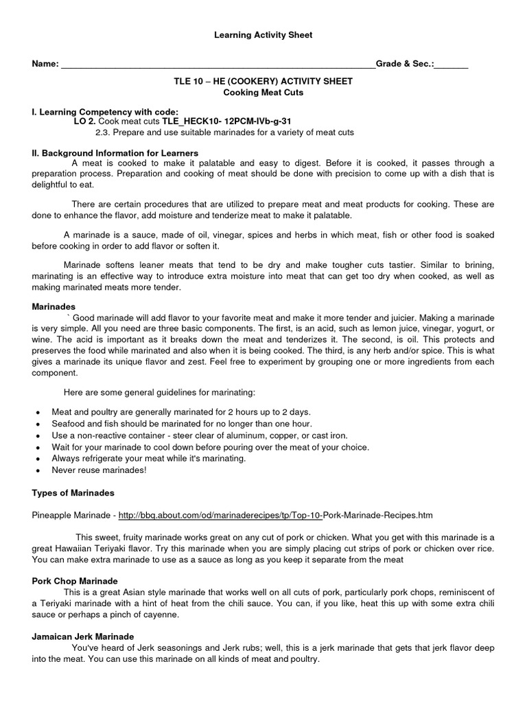 Learning-Activity-Sheet-cook-meat-cuts-Copy | PDF | Cooking | Grilling