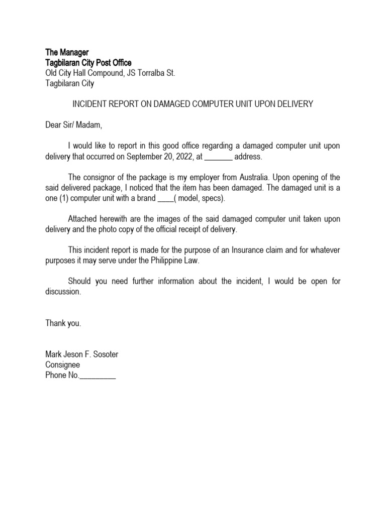 Incident Report for Damaged Computer | PDF