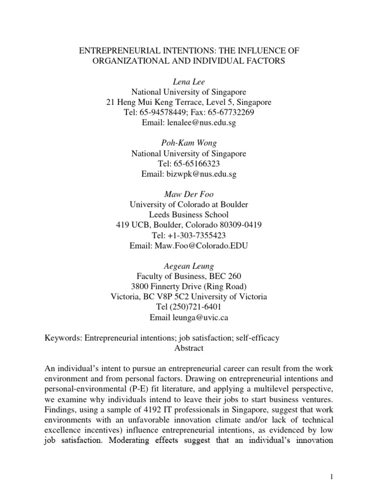 Factors Influencing Entrepreneurial Intentions | PDF | Job Satisfaction ...