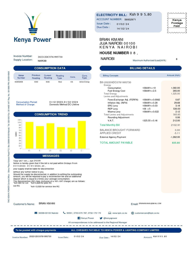 Brian Kimani..kplc Bill | PDF | Value Added Tax | Taxes
