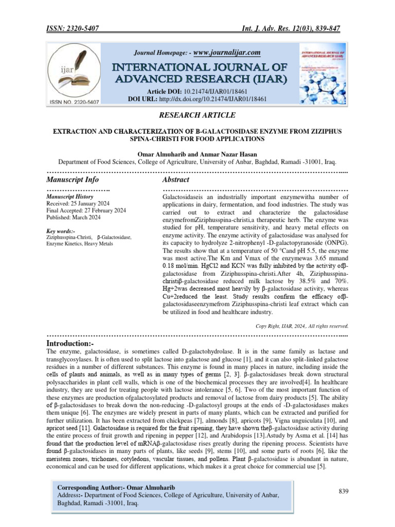Extraction And Characterization Of Î Galactosidase Enzyme From