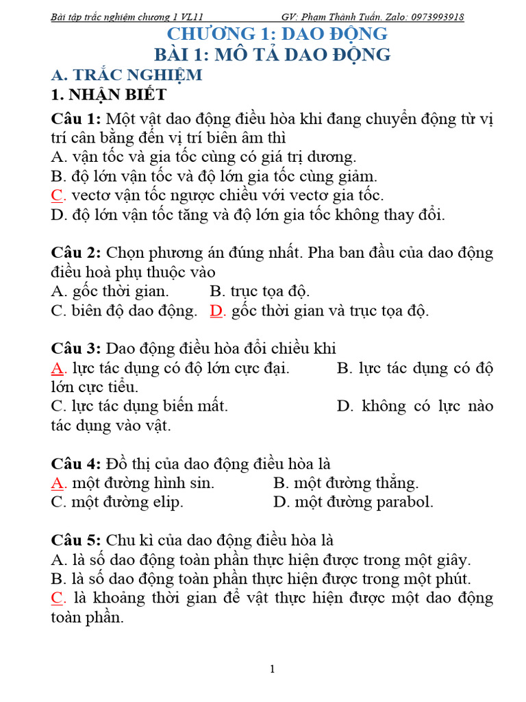 BT Chương 1 Dao Đong Cơ Từ 1-4 GV | PDF