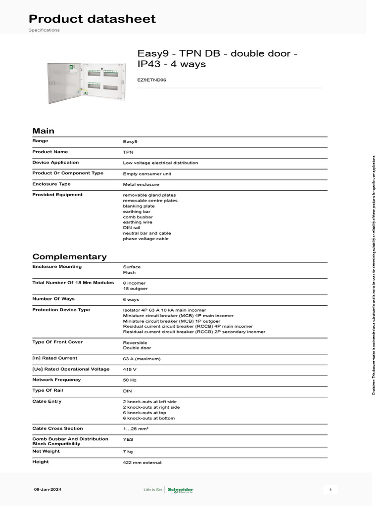 Easy9 TPN DB Double Door IP43 Unit | PDF | Electricity | Electrical ...