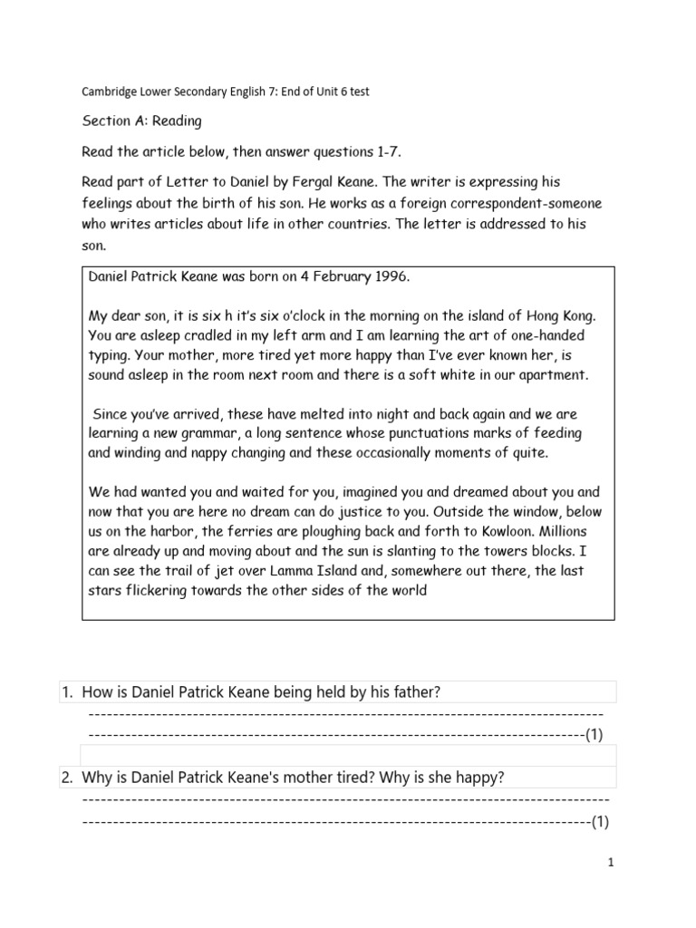Cambridge Lower Secondary English 7-End of Unit Test 6 | PDF