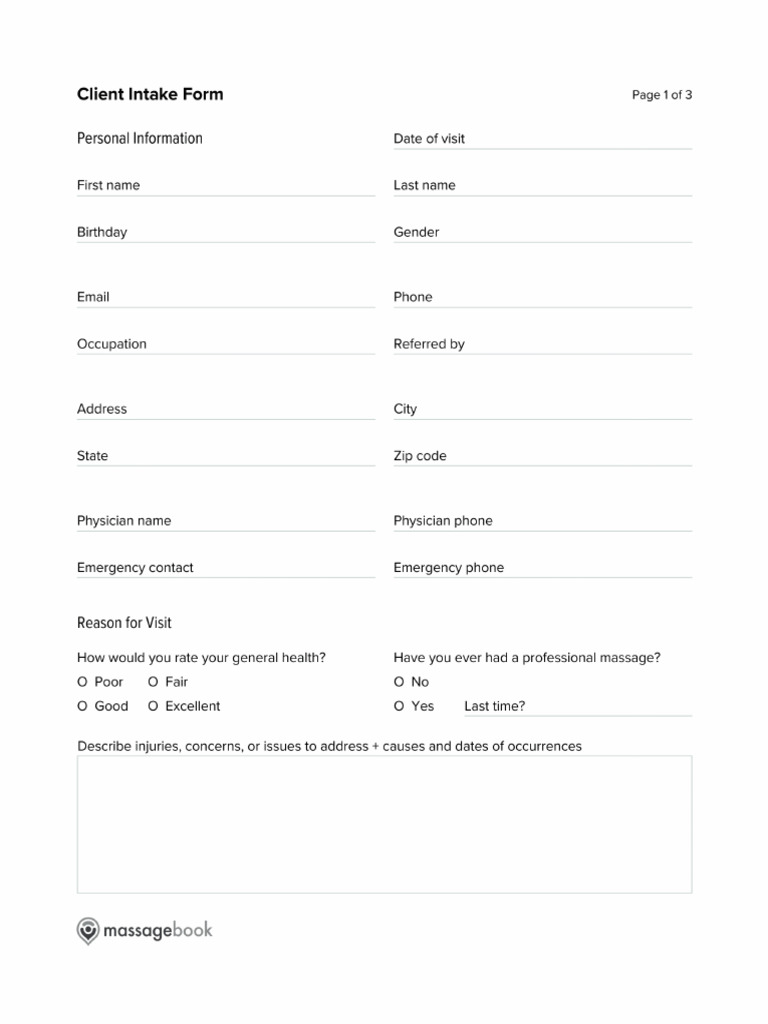 Printable Client Intake Form Massagebook | PDF