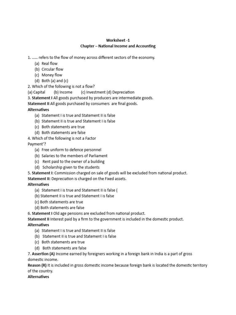 National Income Worksheet for Class 12 | PDF | Income | Measures Of ...