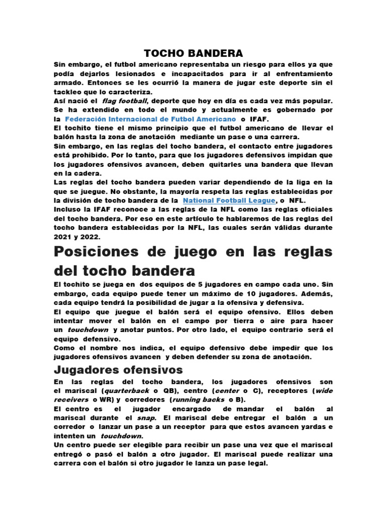 TOCHO BANDERA JUEGO | PDF | Jugador de ataque | fútbol americano