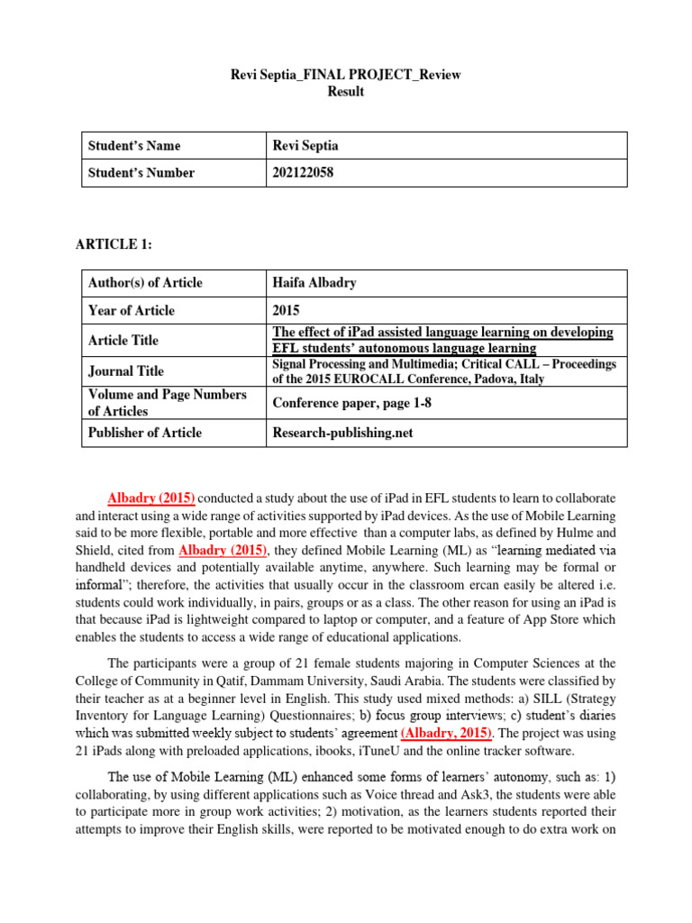 Revi Septia - FINAL PROJECT - Review Result | PDF | Educational Technology | Learning