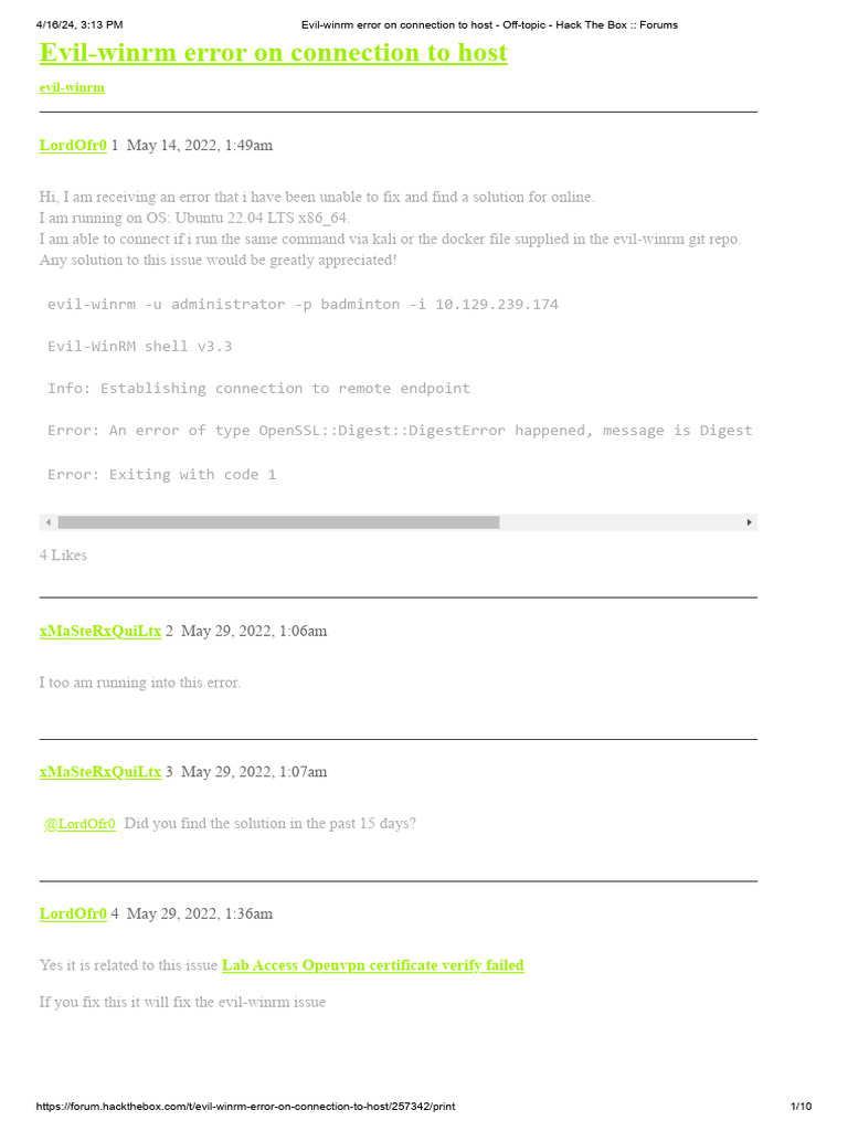 Evil-Winrm Error On Connection To Host - Off-Topic - Hack The Box - Forums | PDF ...