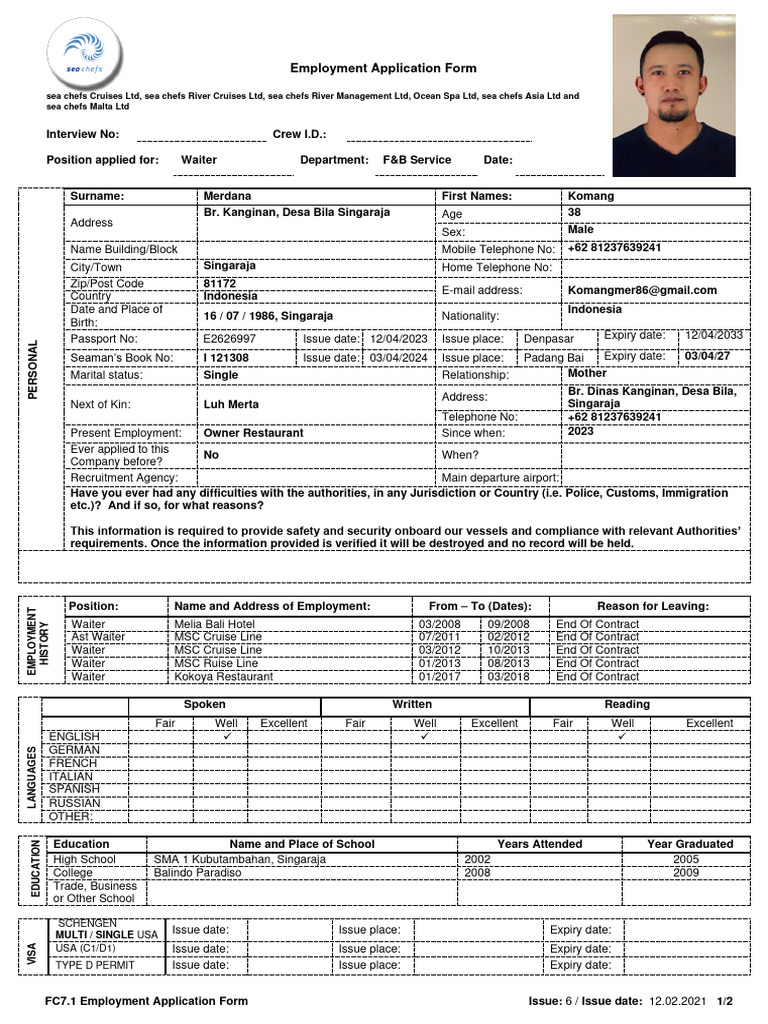 Employment Application for Waiter Position | PDF
