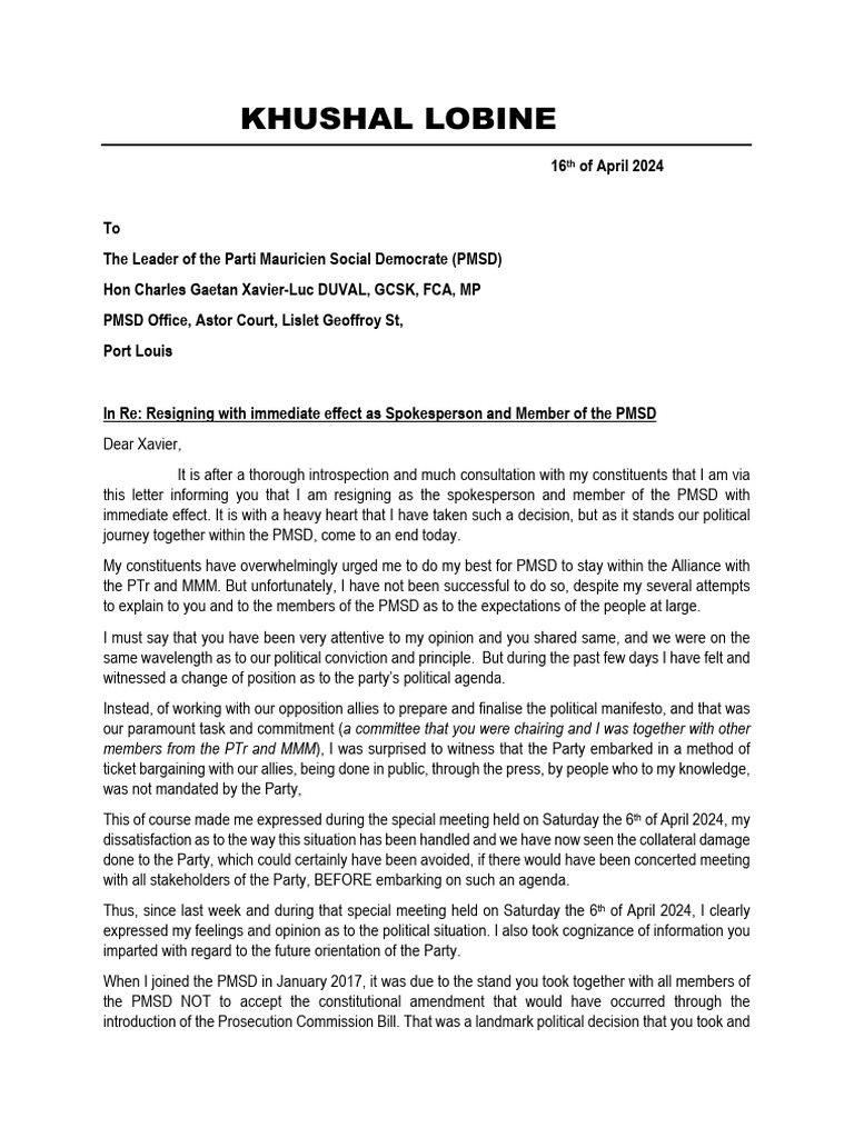 KHUSHAL LOBINE-letter Resignation PMSD | PDF | Government