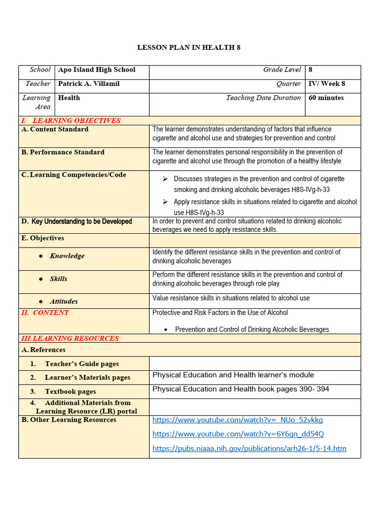 Alcohol Prevention Skills Lesson | PDF | Learning | Alcohol Abuse