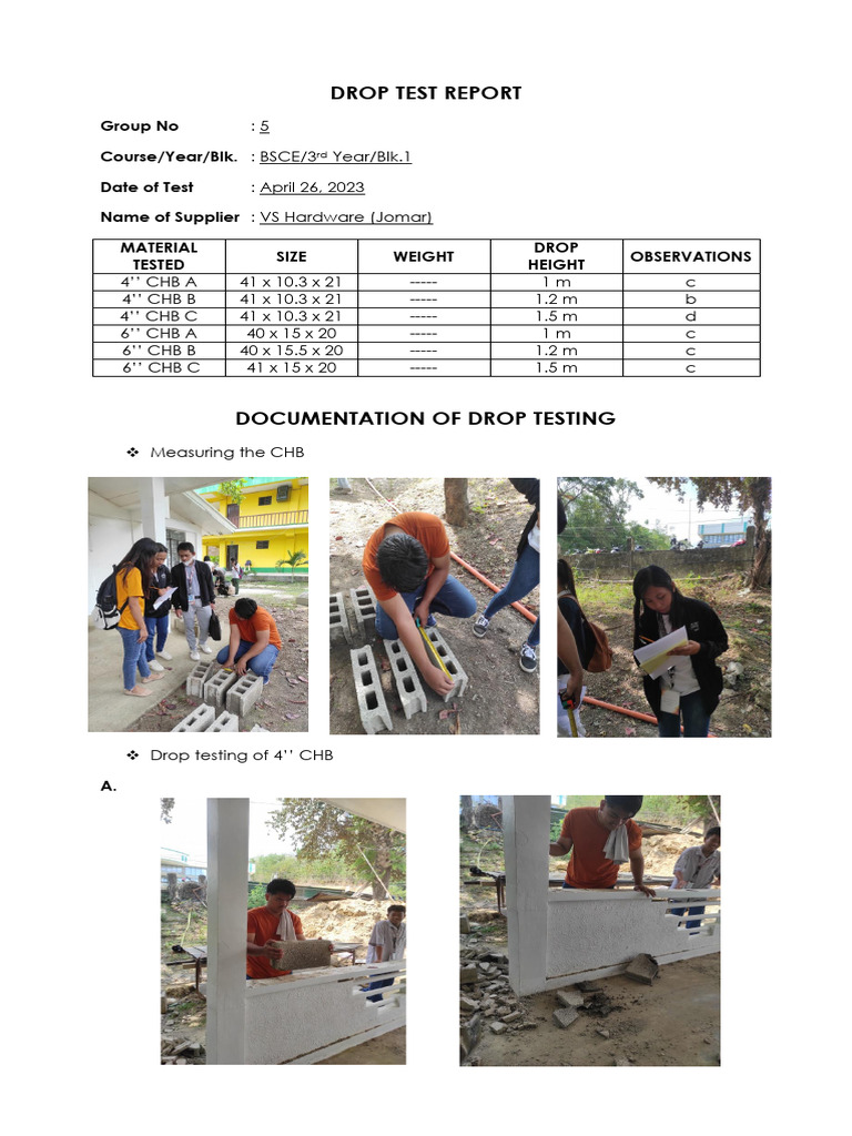 Drop Test Results for CHB Materials | PDF