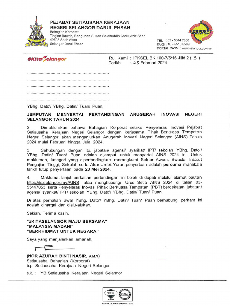 Surat Jemputan Menyertai AINS 2024 | PDF