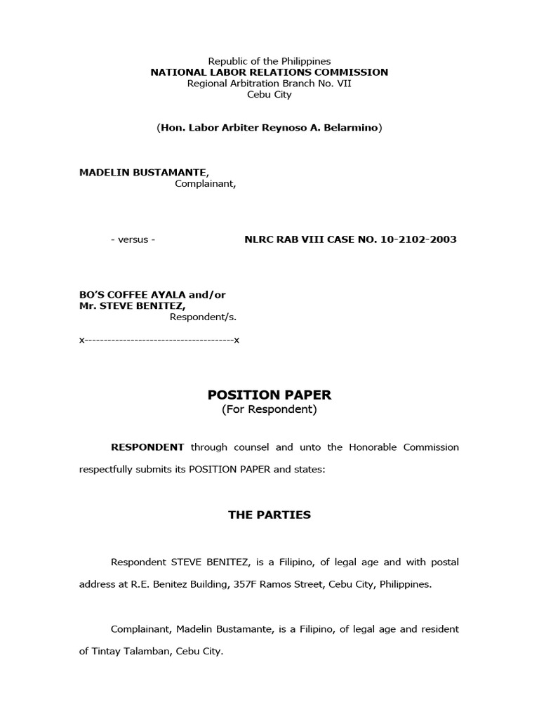 Position Paper-Labor-Bustamante Vs Bo's-Ryan | PDF | Lawsuit | Employment