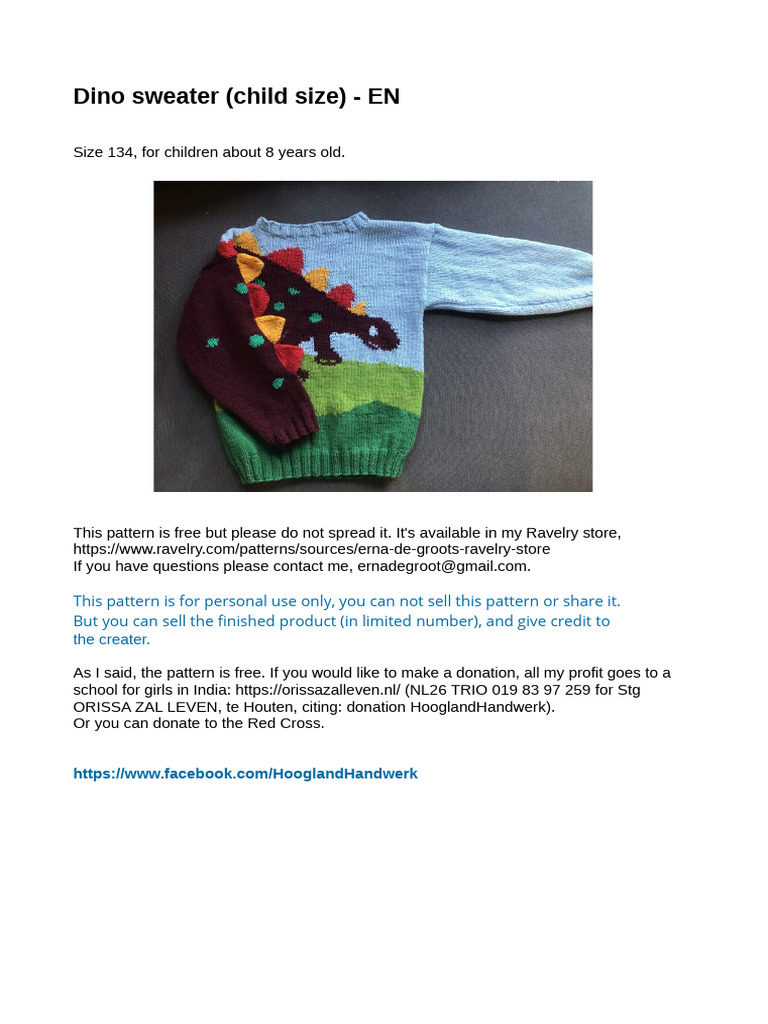 Free Child Dino Sweater Pattern | PDF | Knitting | Crochet