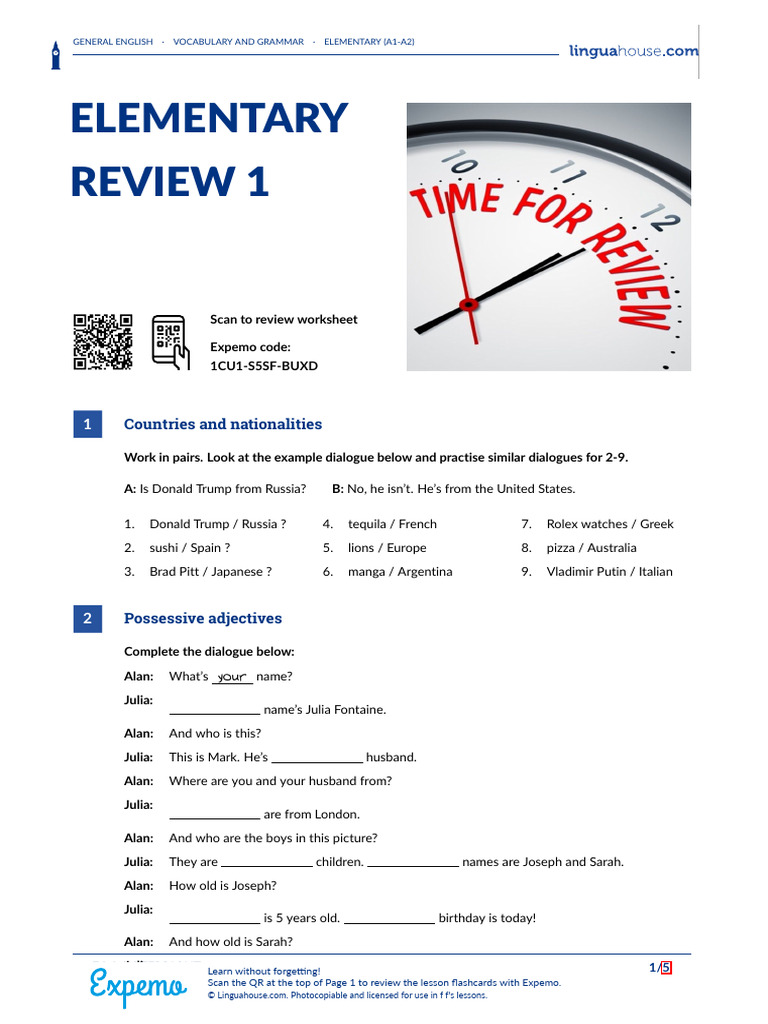 Elementary Review 1 British English Student | PDF | Linguistics | Grammar