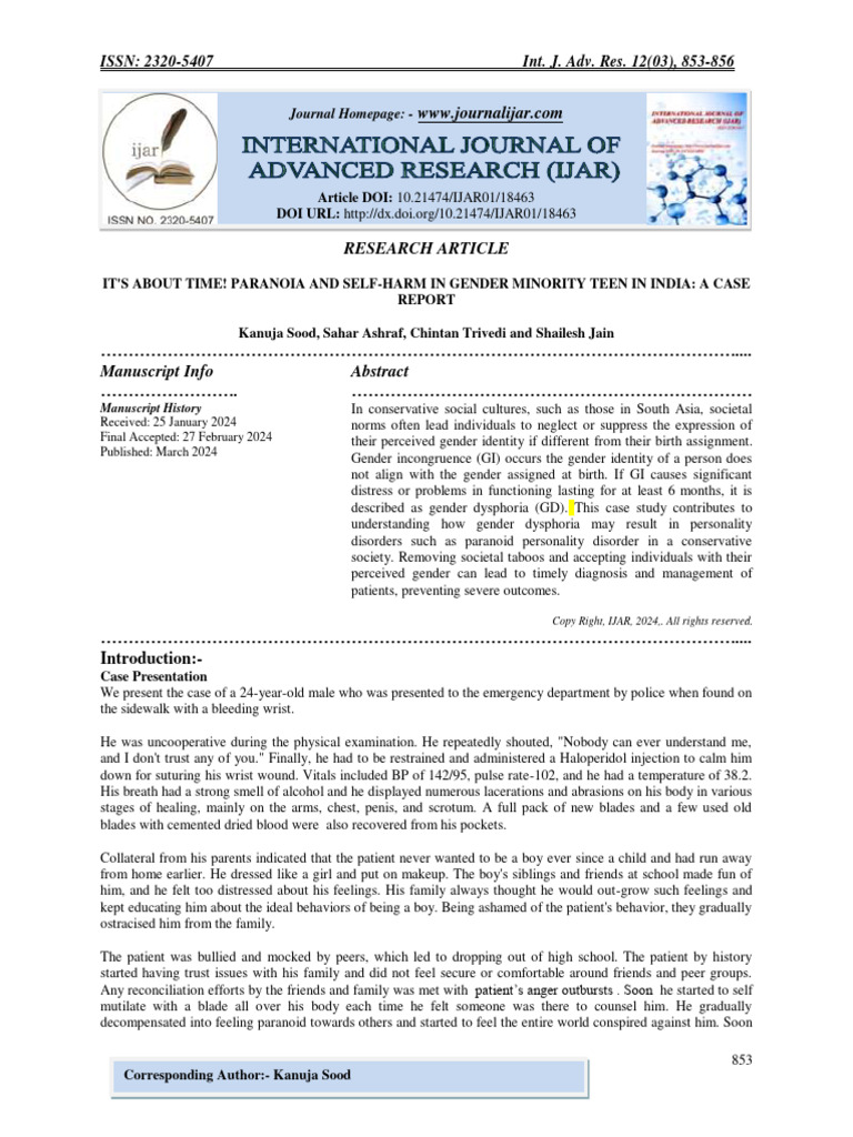 Paranoia, Self-Harm in Indian Gender Minority Teens | PDF | Paranoia ...