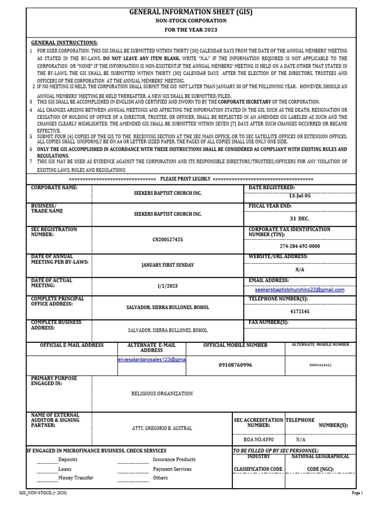 2020form Gis Non Stock | PDF | Securities (Finance) | Board Of Directors