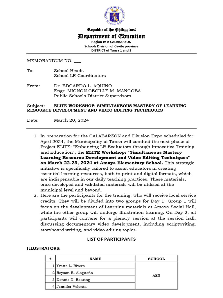 District Memo Elite Workshop Simultaneous Mastery of Learning Resource ...