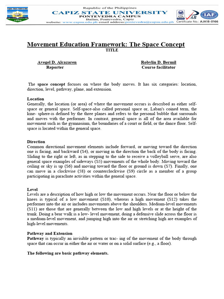 The Space Concept Handout 1 1 | PDF | Anatomical Terms Of Motion | Learning