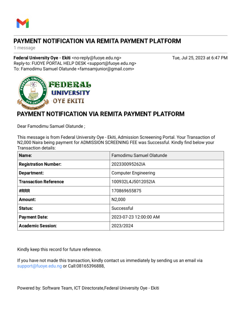 Gmail - PAYMENT NOTIFICATION VIA REMITA PAYMENT PLATFORM | PDF