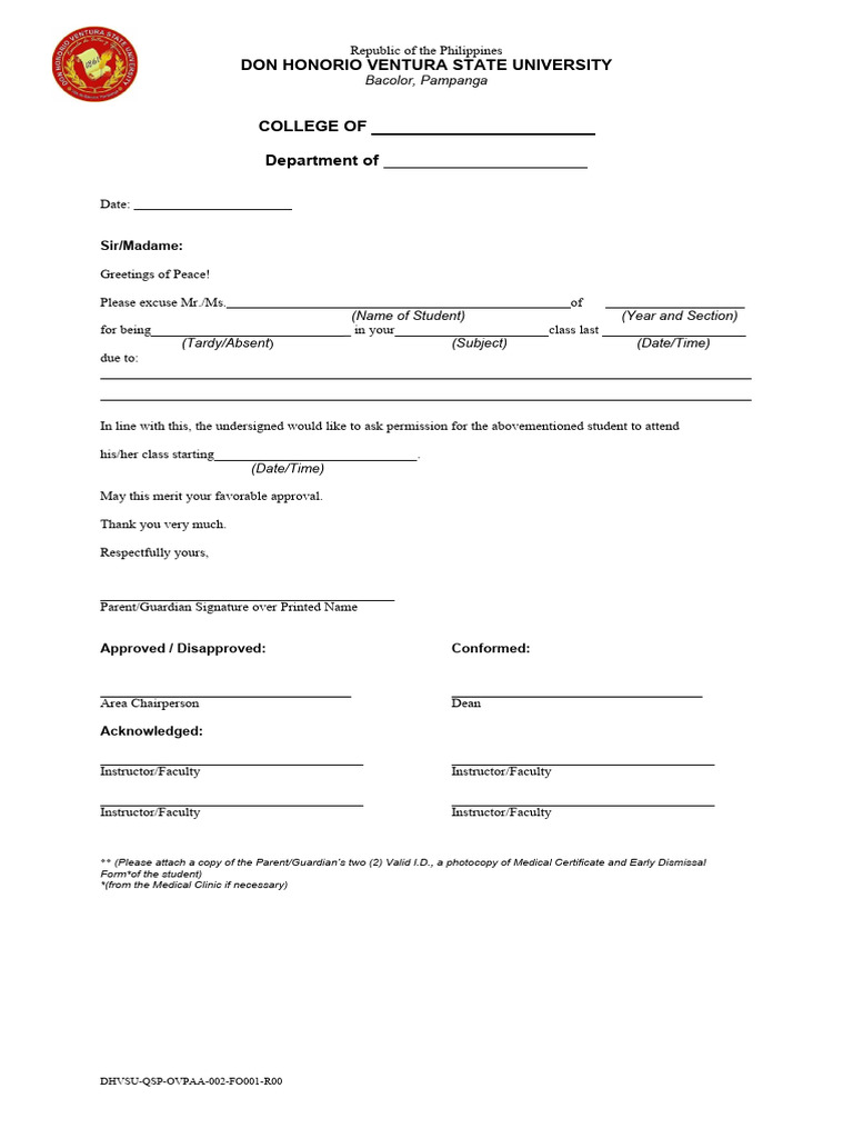 Dhvsu QSP Ovpaa 002 Fo001 R00 - Excuse Letter Form 1 | PDF