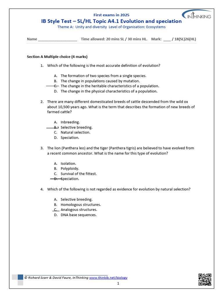 A4 1 Topic Test | PDF | Evolution | Species