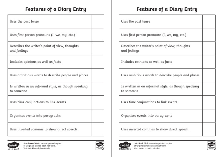 t2 or 42 Features of A Diary Entry Checklist English - Ver - 1 | PDF