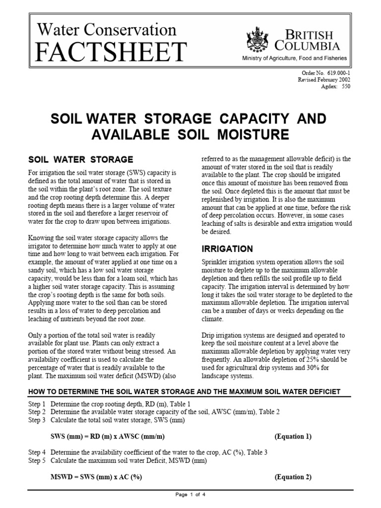 Soil Water Storage Capacity & AW | PDF | Soil | Irrigation